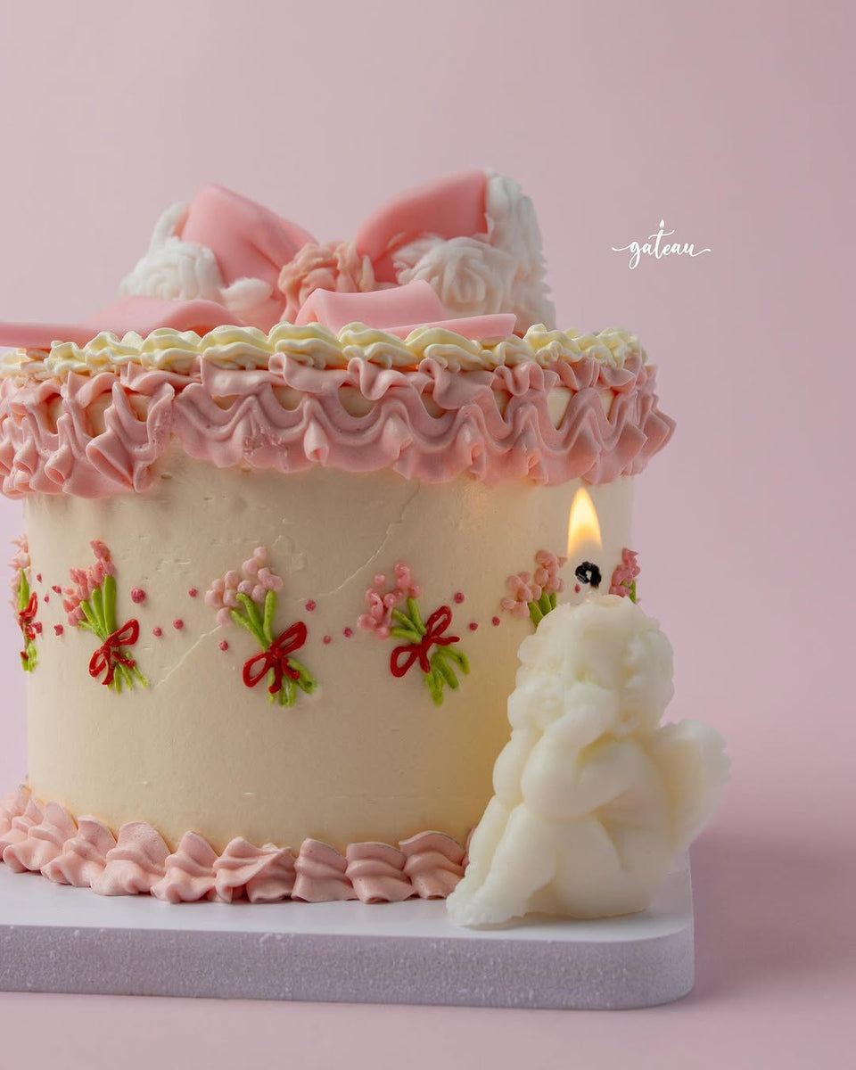 Fionka Gourmet Cake with Elegant Pink Bow & Angel Candle | Gateau Gourmet